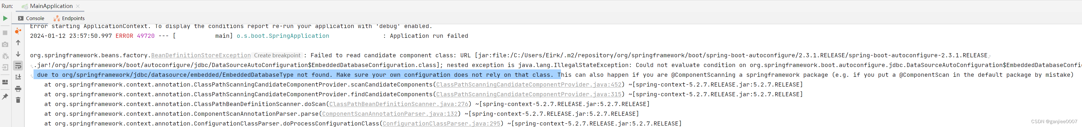 【springboot启动报错】due to org/springframework/jdbc/datasource/embedded/EmbeddedDatabaseType not ...