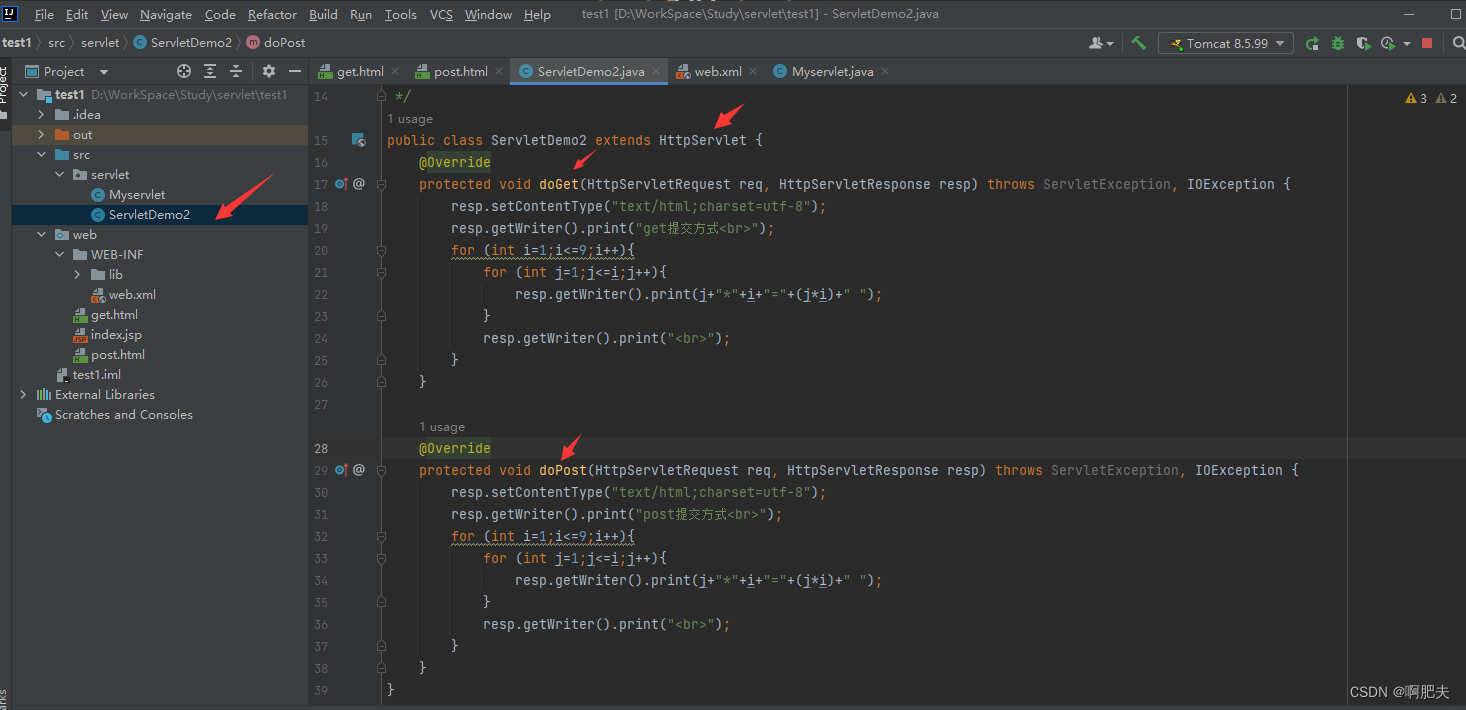 使用Servlet实现九九乘法表 get与post提交测试_新建servlet重写doget方法,在该方法中通过嵌套的for循环打印九九乘法表-CSDN博客