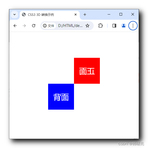 【css3】css3 3d 转换示例 盒子模型翻转示例 开启透视视图 设置过渡动画 设置 3d 呈现样式 鼠标移动到控件上方效果 设置两个子盒子模型背靠背效果