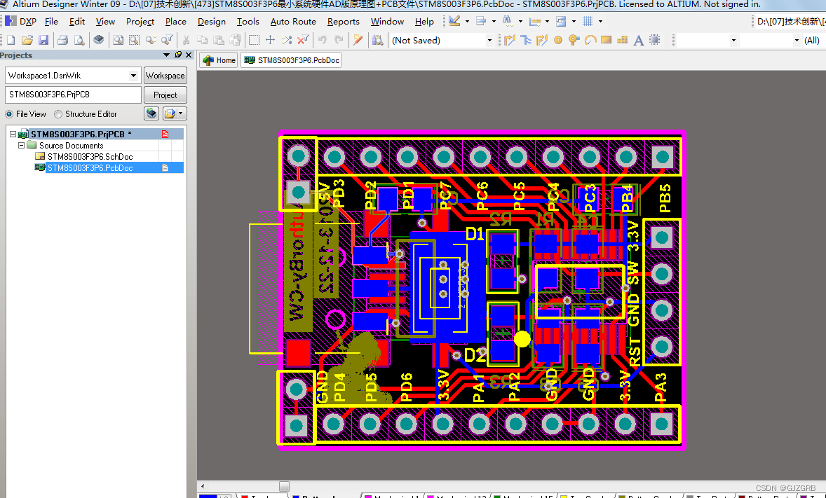 基于STM8S003F3P6单片机最小系统评估板硬件（原理图+PCB）工程文件，AD09设计的工程文件_stm8s003f3p6 最小开发板 pcb-CSDN博客