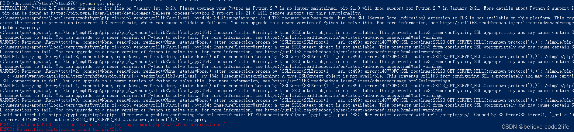 Windows上python27安装pip报错,error Could Not Find A Version That Satisfies