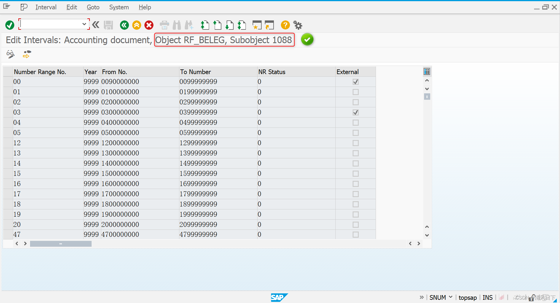 60 SAP报错：对象 RF_BELEG 1088 不存在间隔 50/截止年度 2024(Interval 50/to year 2024 does not exist for object ...