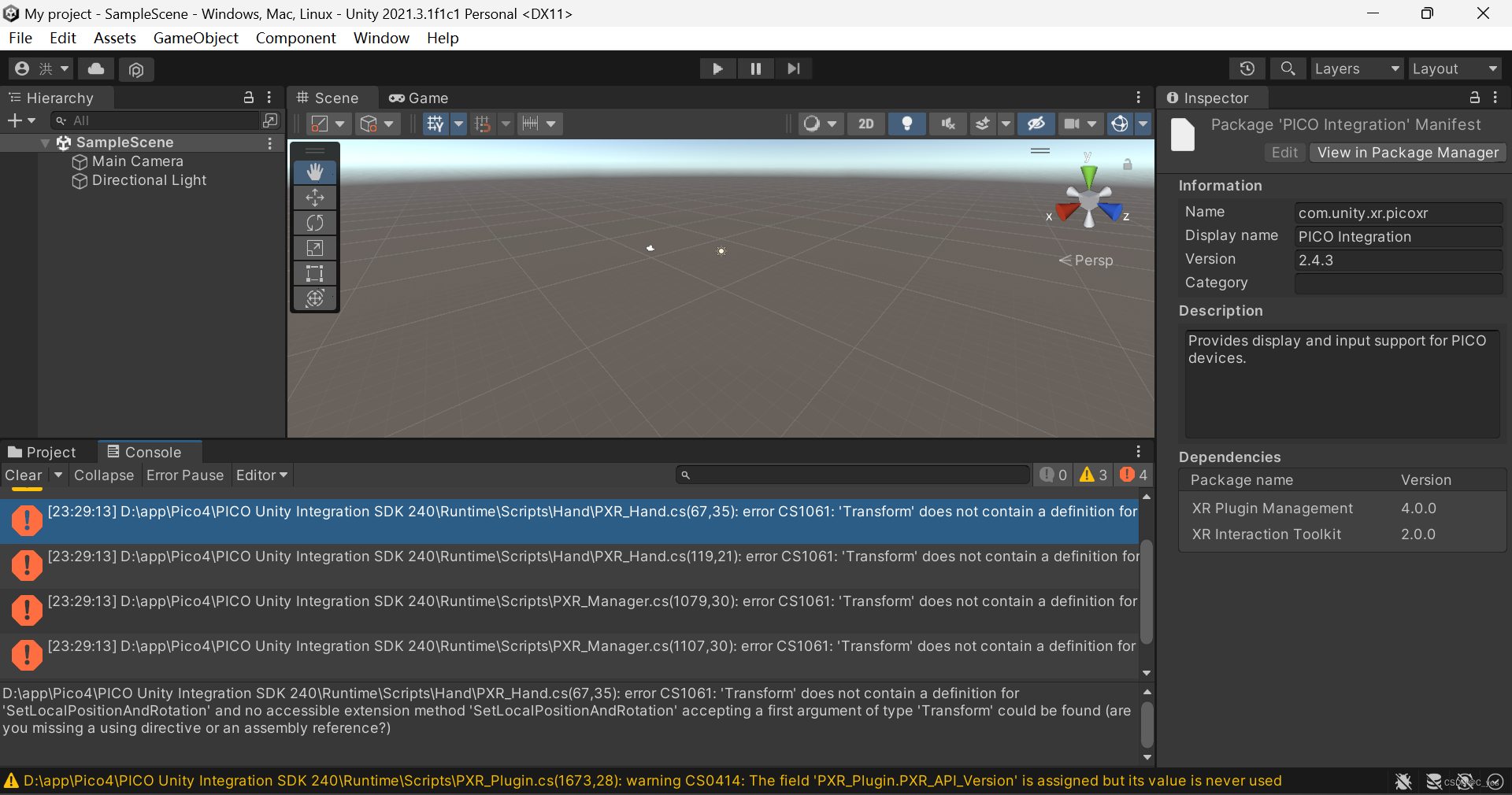 在Unity中配置Pico环境出错！！！_transform' does not contain a definition for 'setl-CSDN博客