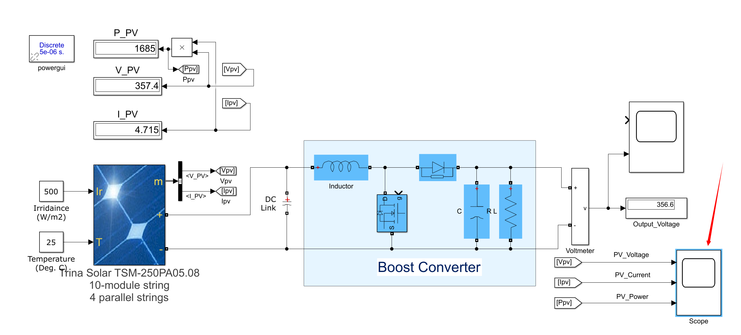 使用变动和观察（Perturb and Observe）最大功率点跟踪（MPPT）算法控制升压变换器的MOSFET/IGBT（开关），以从光伏阵列中提取最大功率（Simulink仿真实现 ...