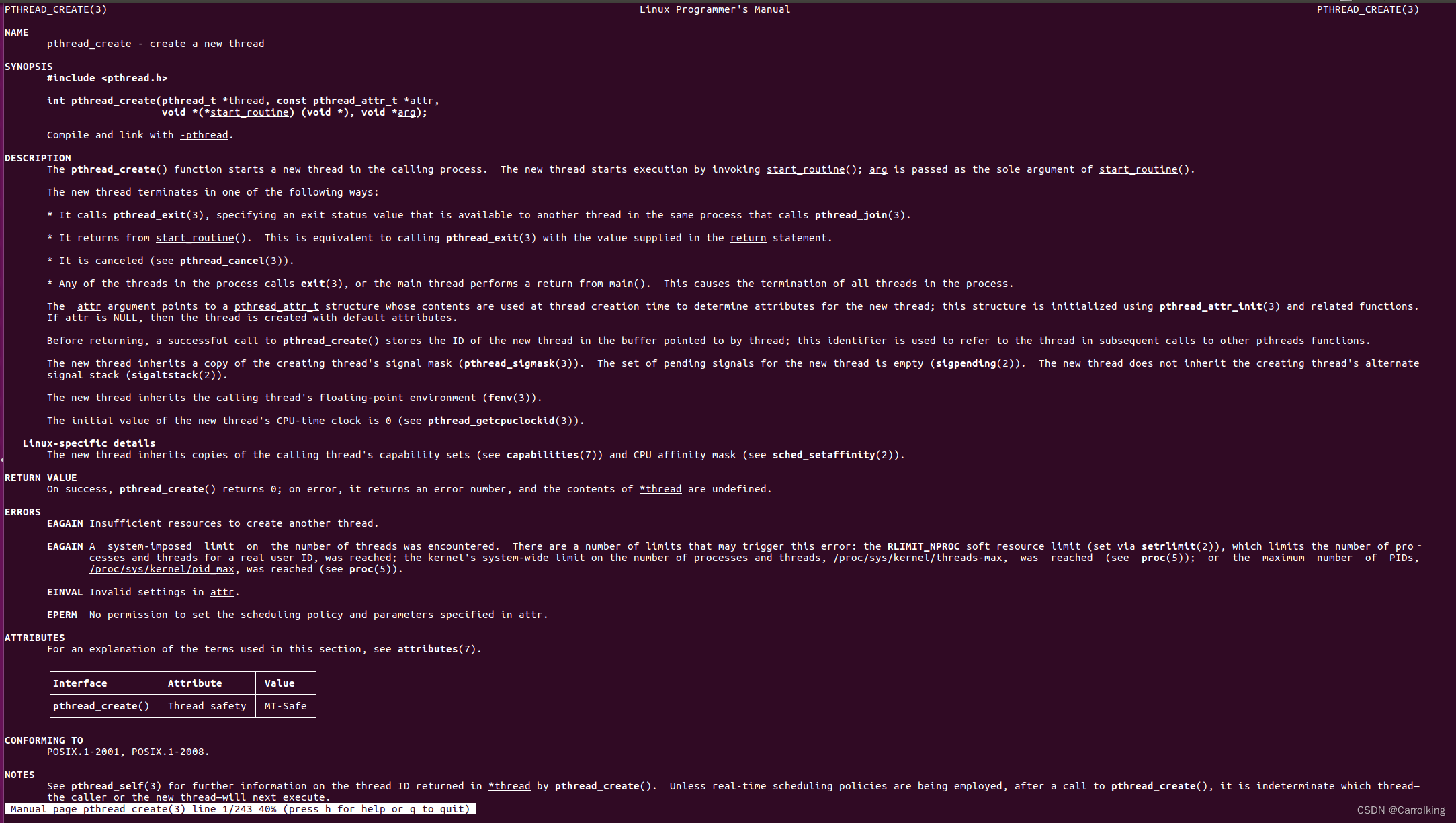 通过man来查看pthread_create的使用_man pthread-CSDN博客