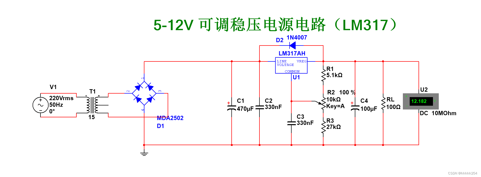 5-12V 可调稳压电源电路（LM317）(multism仿真)_lm317仿真-CSDN博客