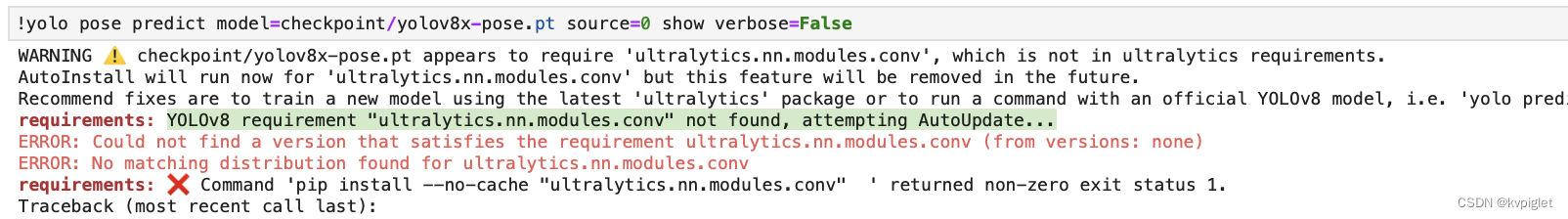 YOLOv8 requirement “ultralytics.nn.modules.conv“ not found, attempting AutoUpdate ...