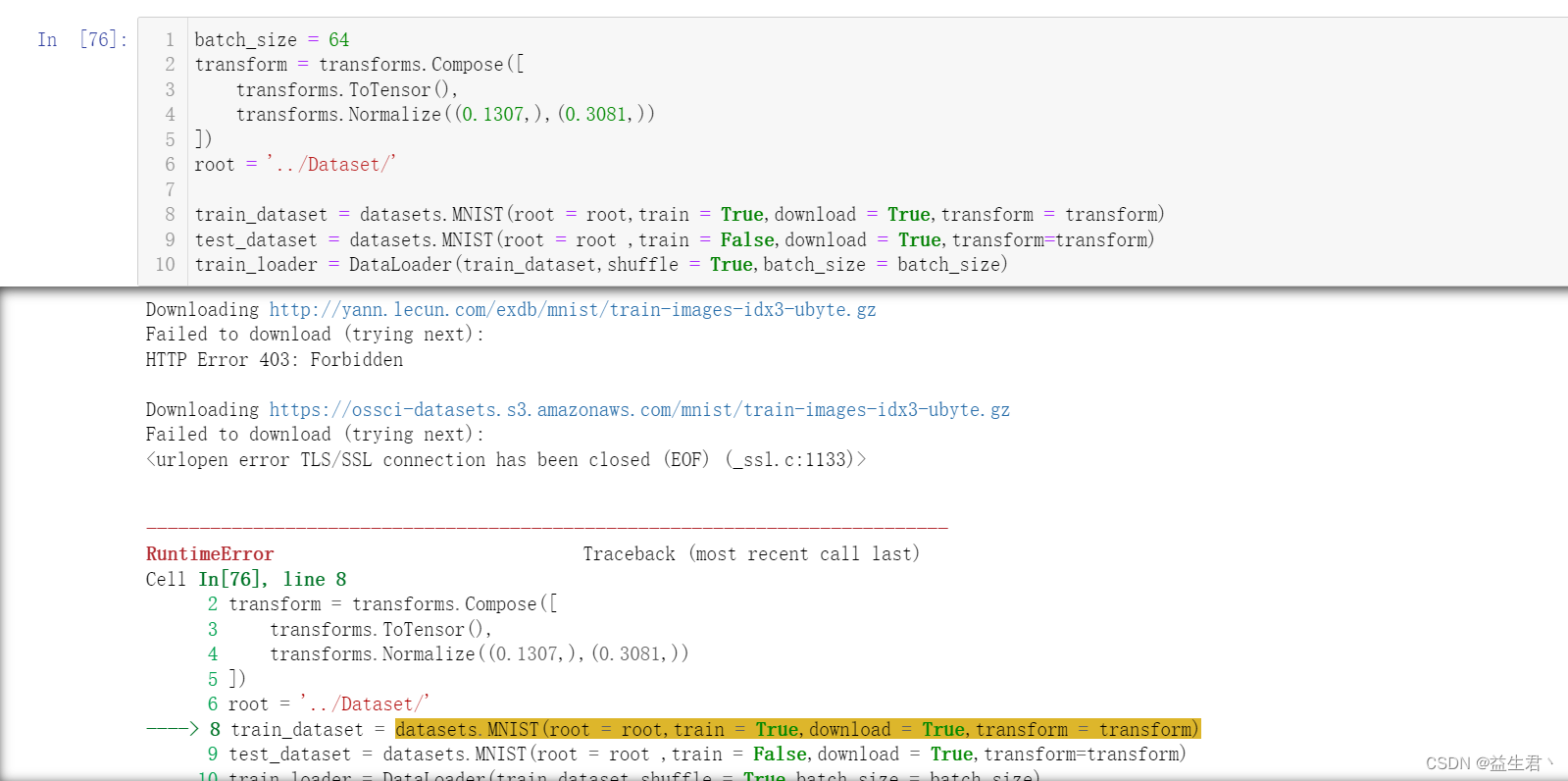 Pytorch加载MNIST数据集报错HTTP和Download的解决方法_pytorch 下载mnist数据集 403-CSDN博客