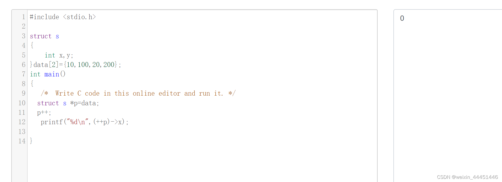 有以下程序： struct s { int x,y；) data[2]={10,100,20,200)； main() { struct s ...