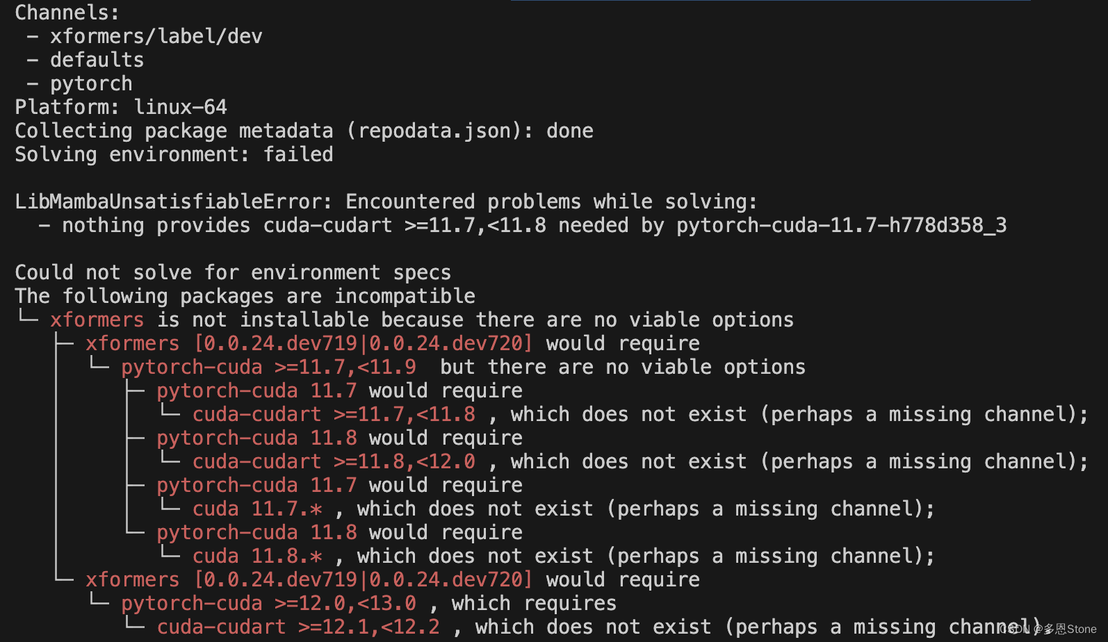 ubuntu 中用 conda install xformers 报错包不匹配【Could not solve for environment specs The following ...