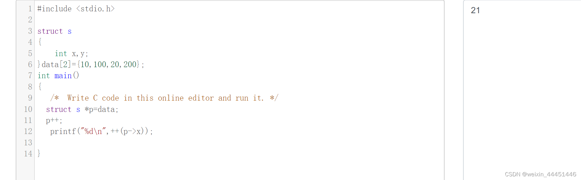 有以下程序： struct s { int x,y；) data[2]={10,100,20,200)； main() { struct s *p=data； printf(“%d/n ...