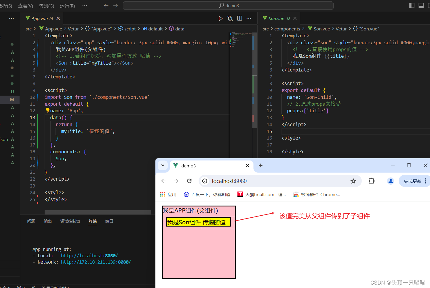 Vue基础知识:什么是组件通信?组件通信解决方案(父子关系)如何实现父子传值(props和emit),父传子演示(props)子传父演示(emit)vue中父子组件如何通信的 Csdn博客