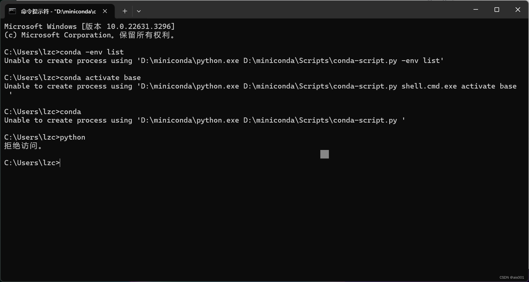 miniconda出现unable to create process using /……/python.exe d:\miniconda\scripts\conda-script.py ...