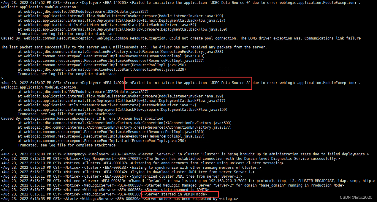 weblogic节点启动由于连接池创建异常处于admin状态_weblogic服务状态是admin-CSDN博客