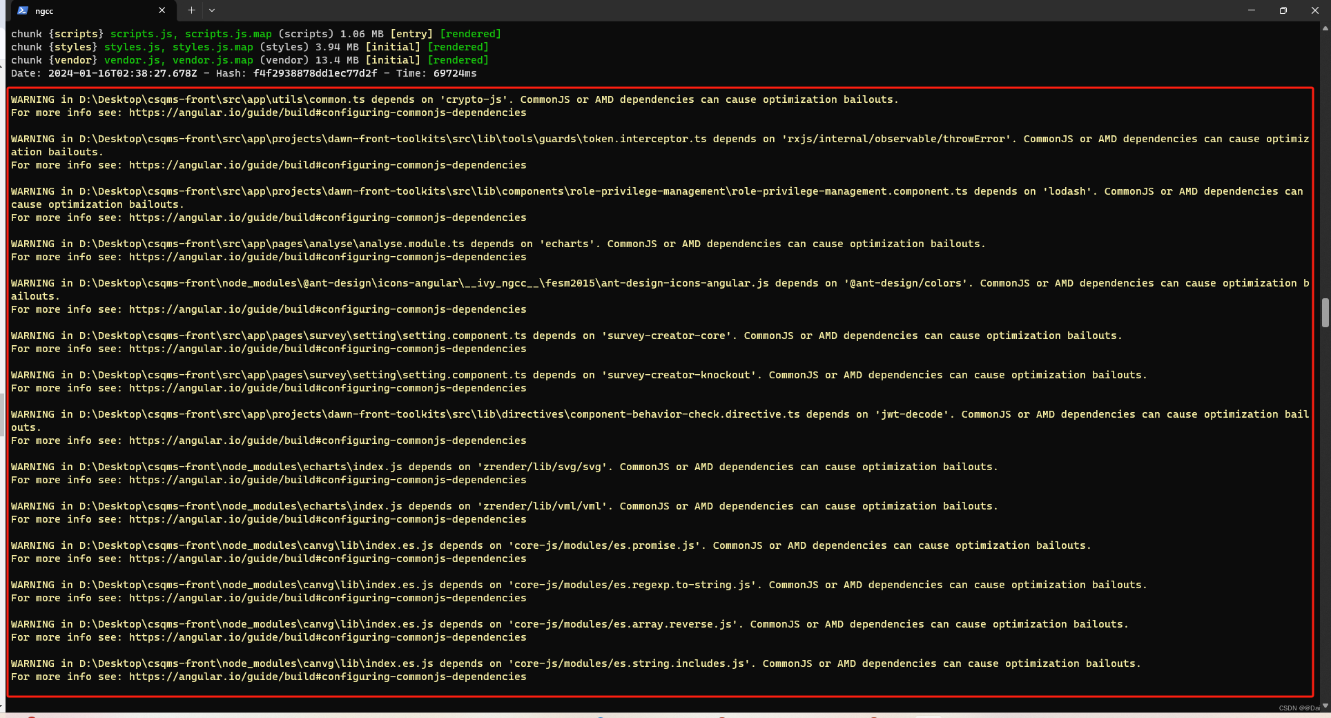 【angular项目问题】 Commonjs Or Amd Dependencies Can Cause Optimization