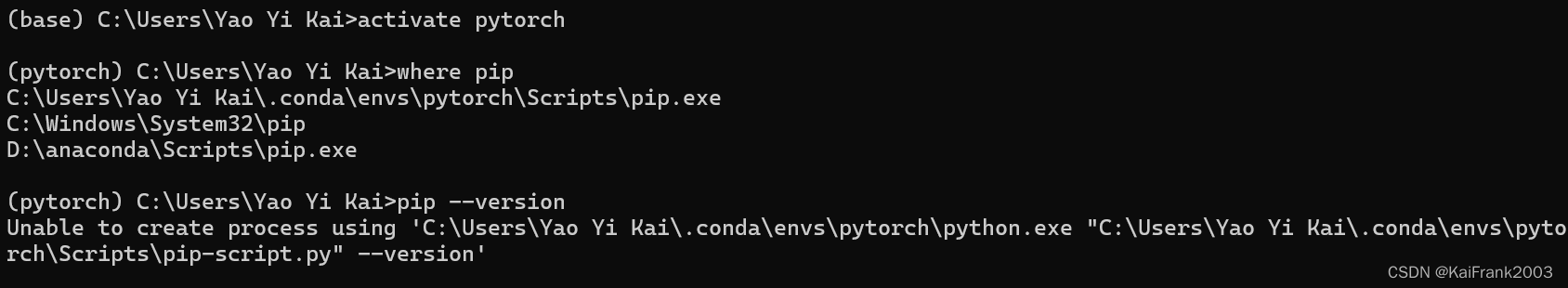 Anaconda中新创建的虚拟环境无法正常运行pip程序的一种解决方法（Unable to create process using“......”）_anaconda虚拟环境报错pip没有 ...