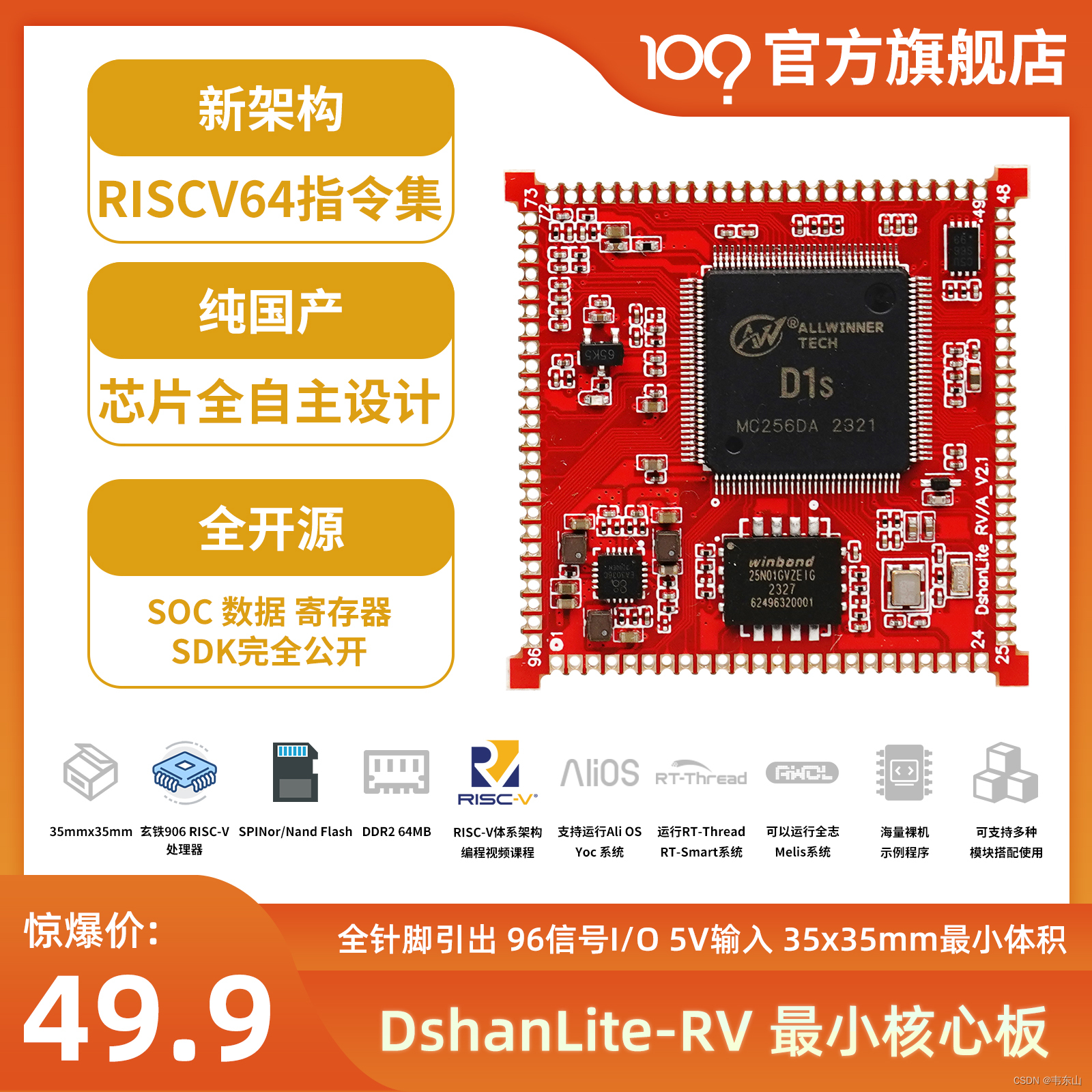 DshanLite-RV最小板，采用国产全志RISC-V C906支持Linux RTOS等，用来学习RISC-V架构开发 DIY产品设计首选！！！_全知t113 c906-CSDN博客
