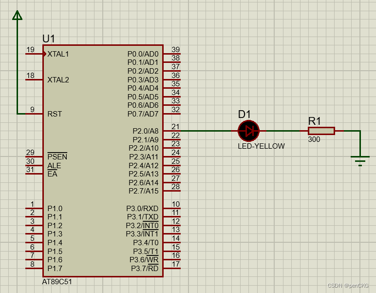 【Proteus仿真】用AT89C51单片机的外部引脚分别点亮1个LED灯和LED流水灯_protues仿真引脚-CSDN博客
