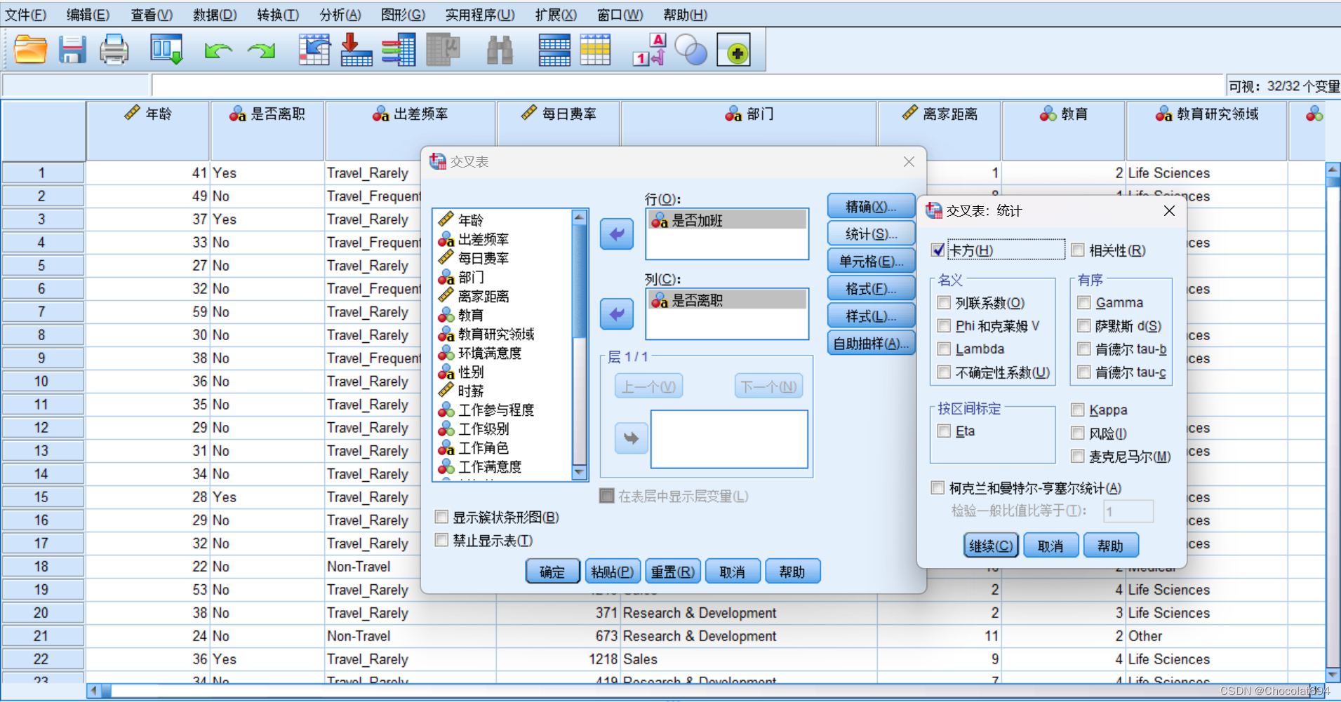 SPSS独立样本t检验、ANOVA检验、卡方检验和Tableau可视化——预测企业员工离职以及原因分析（2）_spss单样本卡方检验-CSDN博客