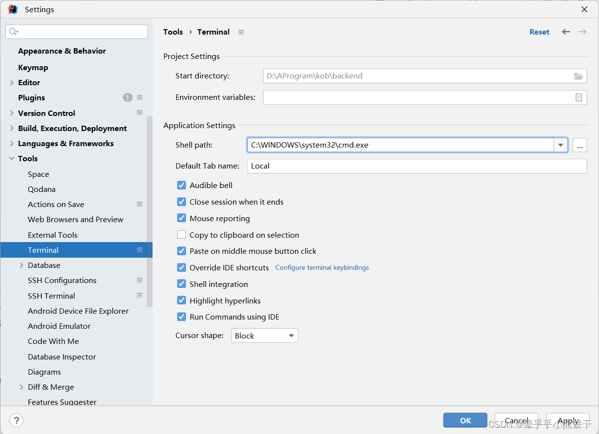 idea无法打开终端Cannot open Local TerminalFailed to start [powershell.exe] in D:/AProgram/kob/backend ...