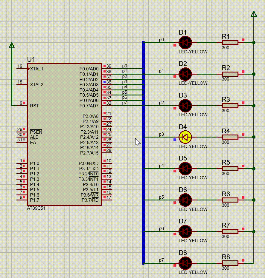 【Proteus仿真】用AT89C51单片机的外部引脚分别点亮1个LED灯和LED流水灯_protues仿真引脚-CSDN博客