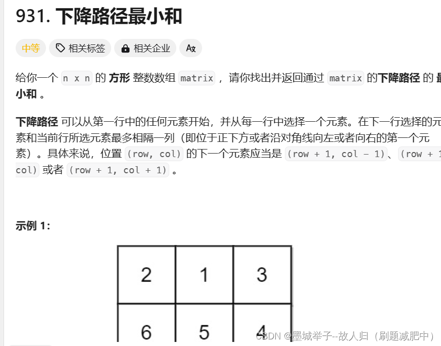 力扣动态规划：下降路径最小和下滑路径 Csdn博客 