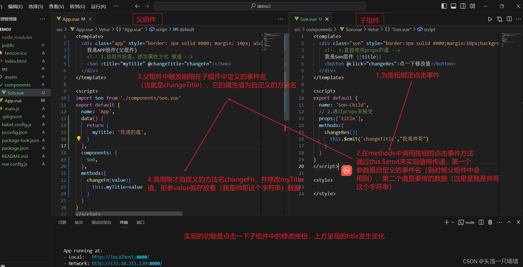 Vue基础知识:什么是组件通信?组件通信解决方案(父子关系)如何实现父子传值(props和emit),父传子演示(props)子传父演示(emit)vue中父子组件如何通信的 Csdn博客