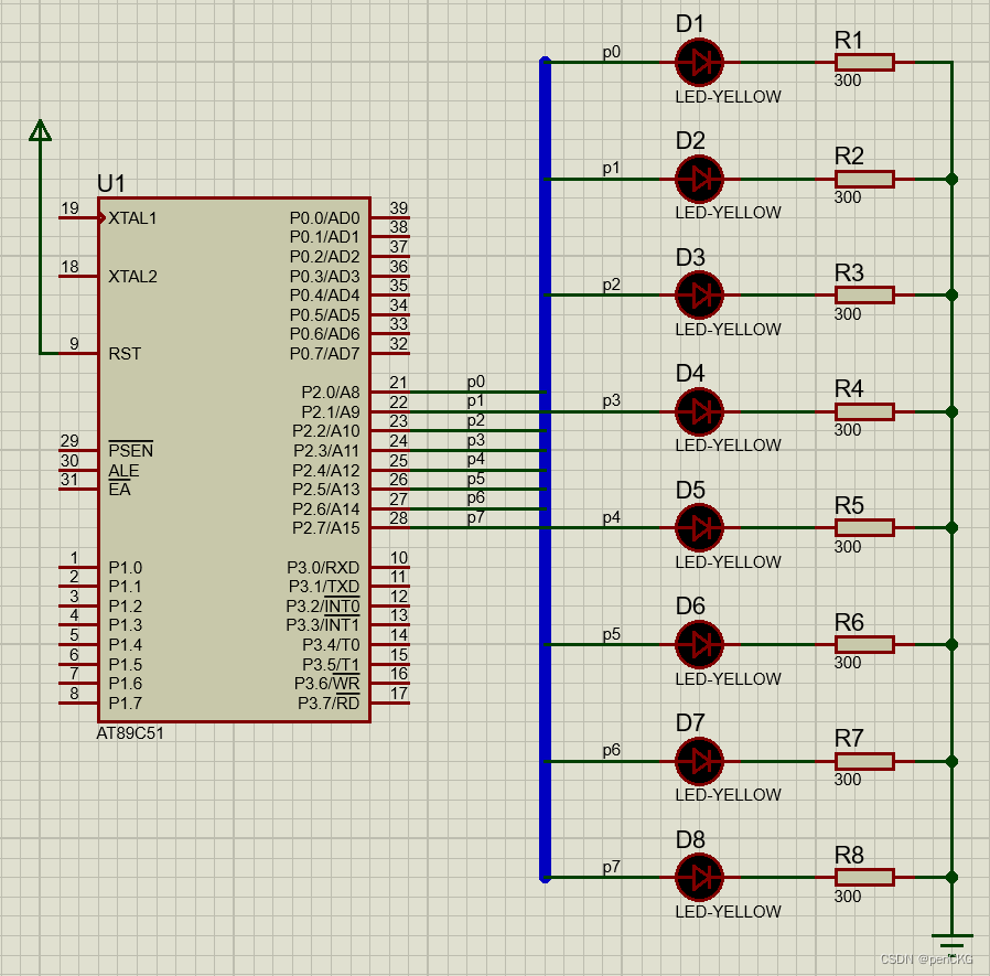 【Proteus仿真】用AT89C51单片机的外部引脚分别点亮1个LED灯和LED流水灯_protues仿真引脚-CSDN博客