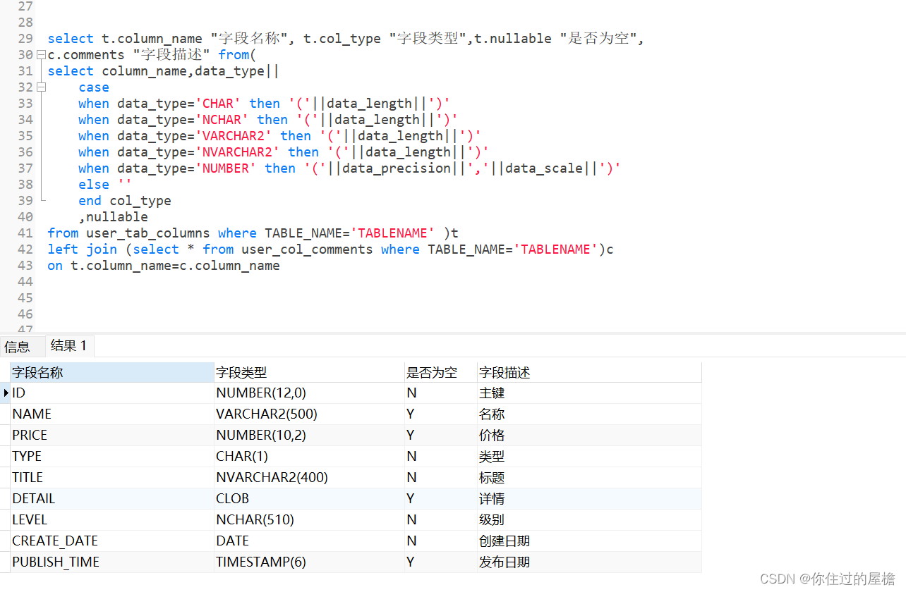 【oracle语法糖】使用sql查询表结构oracle 查看表结构sql Csdn博客 