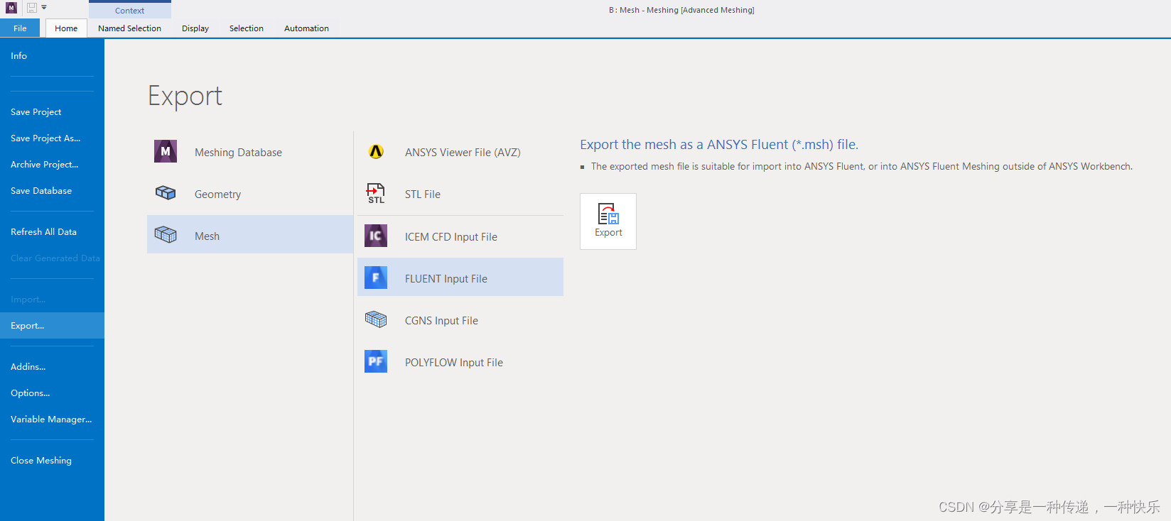 ansys mesh软件可以直接输出fluent读取的.msh文件，当出现“The mesh translation to Fluent was successful.”就表示网格输出成功了 ...