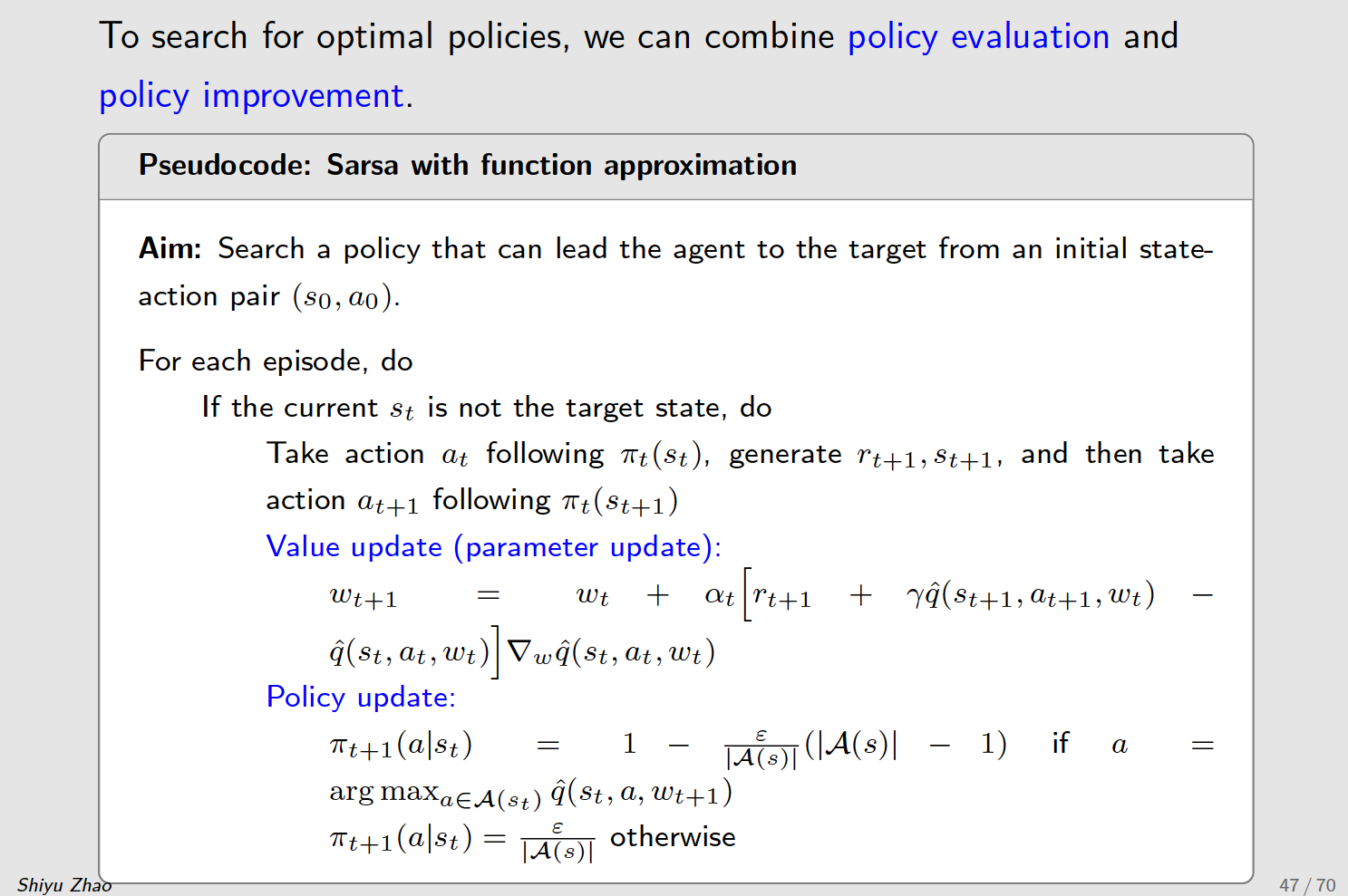 RL-赵-(八)-Value-Based02：Sarsa Function Approximation【与基于表格的区别：不是用于计算q，而是用于更新“值函数”的参数，使得通过参数计算出的q值 ...