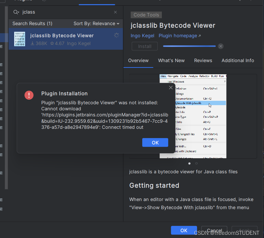 【报错栏】Plugin “jclasslib Bytecode Viewer“ was not installed:Cannot download“https://plugins ...