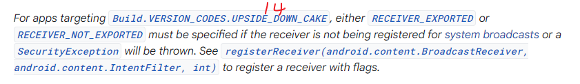 Android14 registerReceiver注册广播时报错 One of RECEIVER_EXPORTED or RECEIVER_NOT_EXPORTED_should be ...