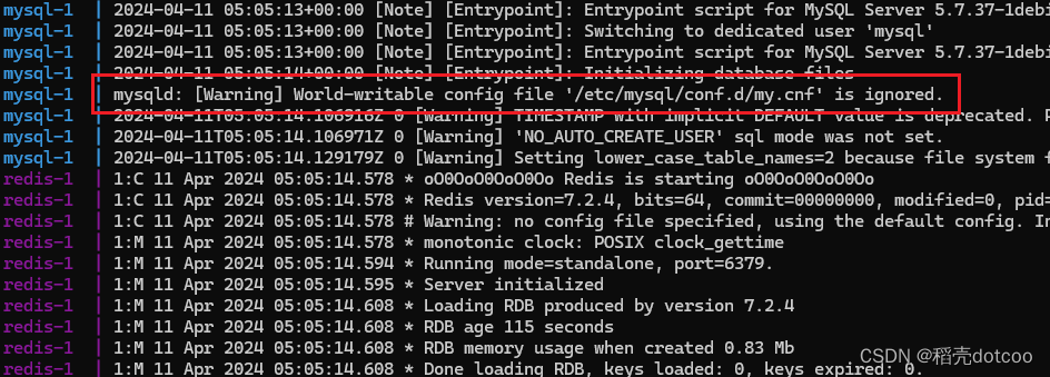 Docker MySQL 提示 World-writable config file ‘/etc/mysql/conf.d/my.cnf‘ 问题_world-writeable config ...
