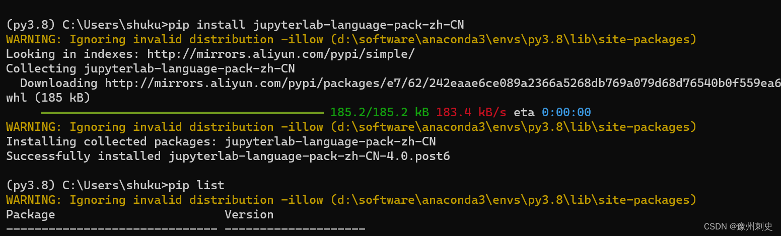 WARNING: Ignoring invalid distribution -illow (d:\software\anaconda3\envs\py3.8\lib\site ...
