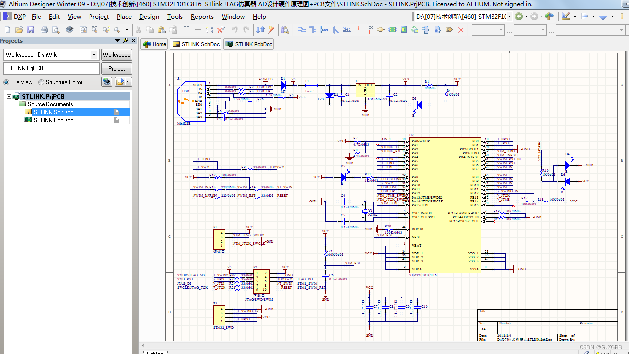 基于STM32F101C8T6单片机设计STlink调试接口板硬件（原理图+PCB）工程文件_stlink pcb-CSDN博客