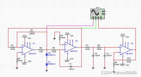 Multisim14.0仿真应用设计（一百二十二）基于LM741运算放大器的方波、三角波、正选波发生器应用设计仿真_lm741在 ...