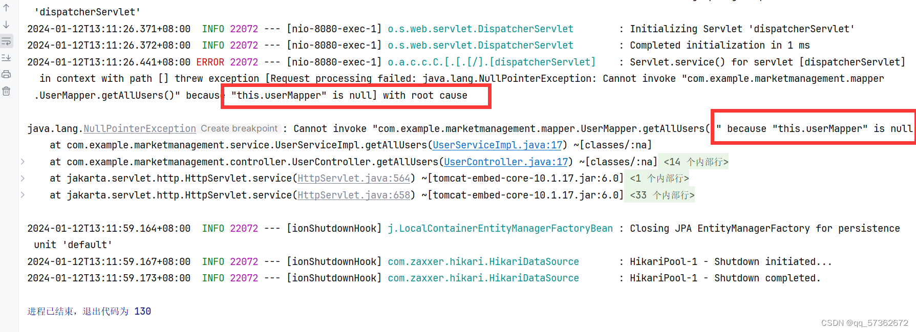 Cannot invoke “com.example.marketmanagement.mapper.UserMapper.xxx“ because “this.xxxMappe“ is ...