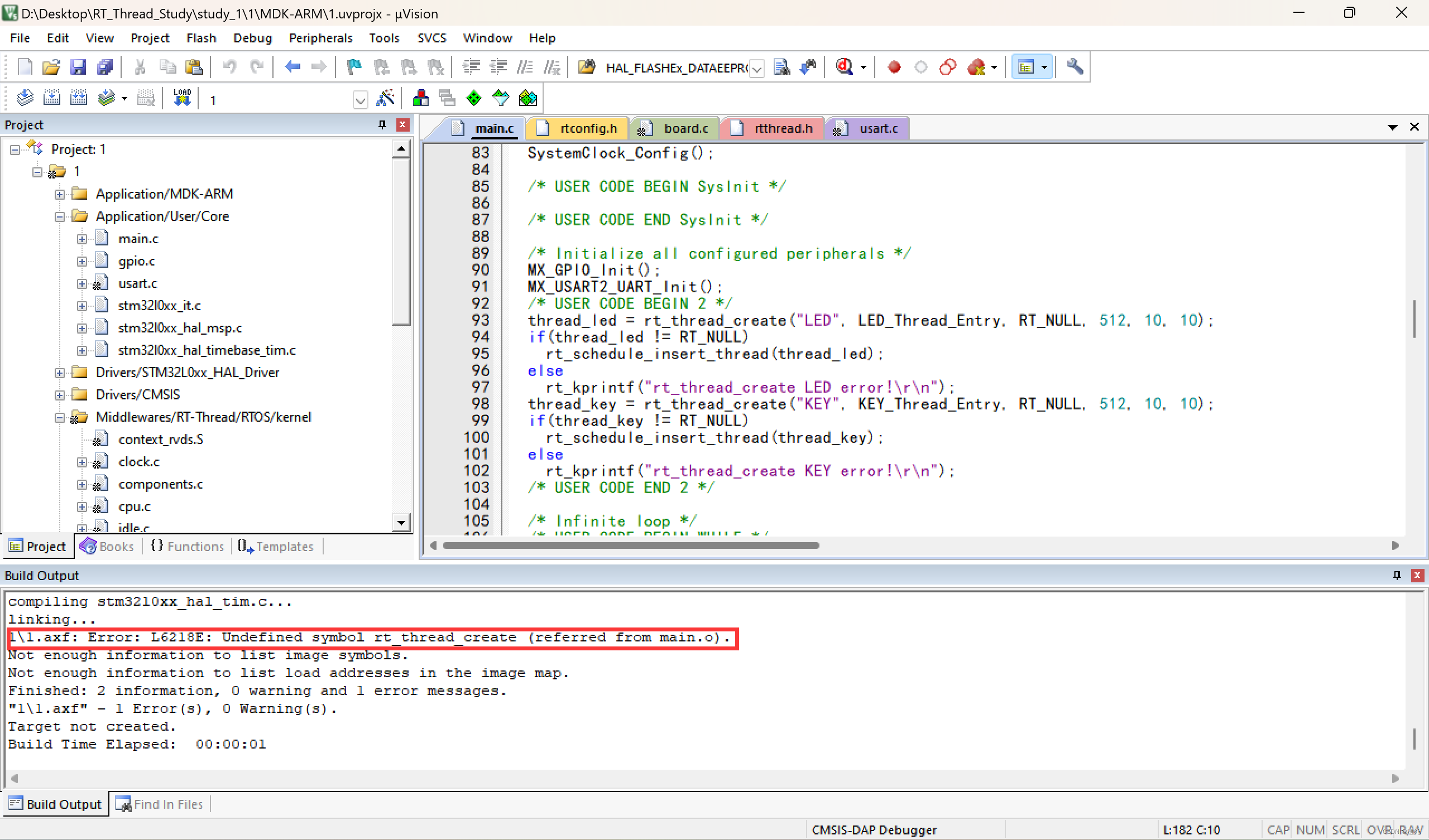 Keil5报错：Error：L6218E：Undefined symbol rt_thread_create(referred from main.o)_l6218e:undefined ...