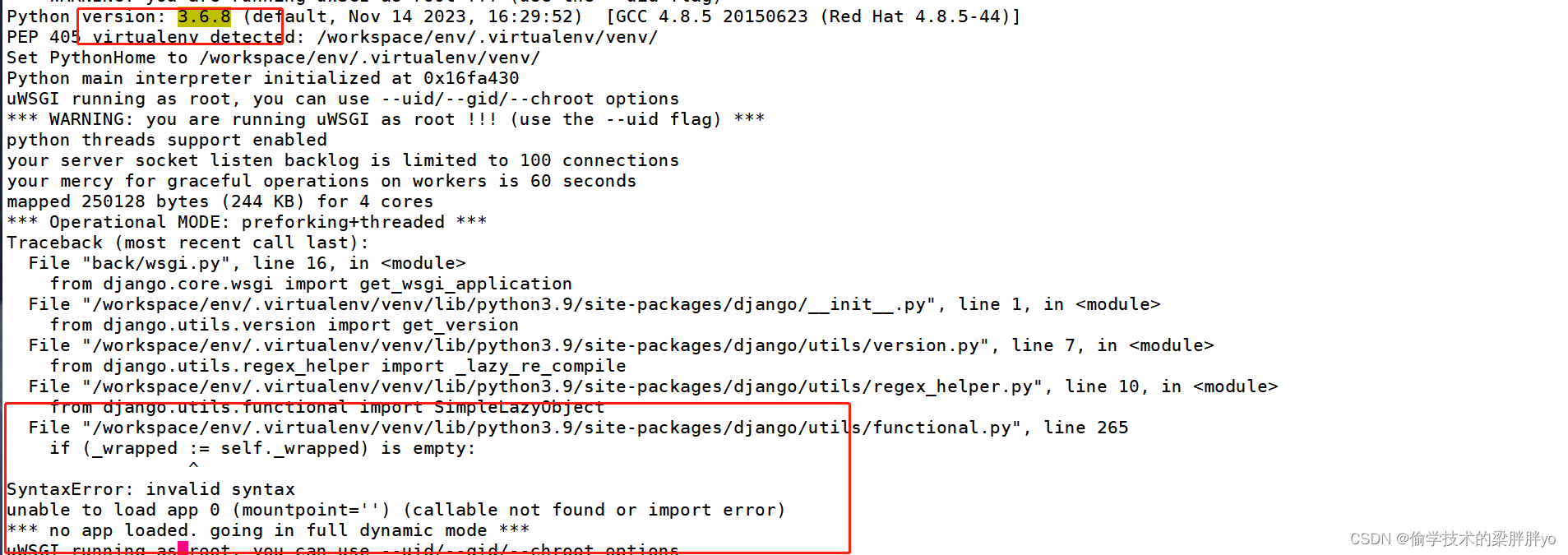 uwsgi启动报错：ModuleNotFoundError: No module named ‘django‘ 和 unable to load app 0 (mountpoint ...