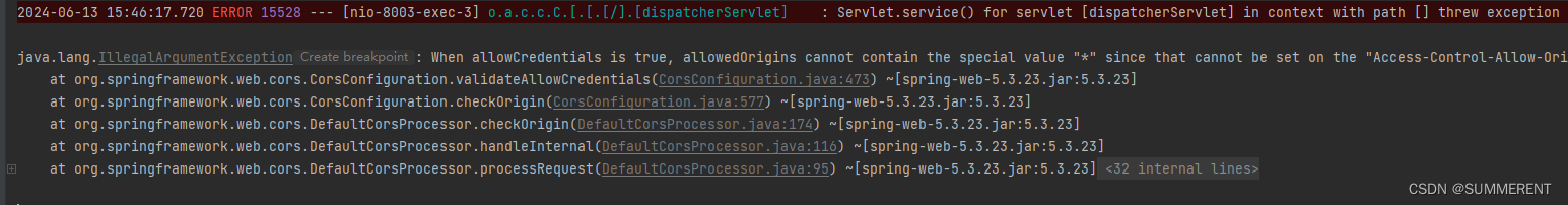 java前后端分离解决跨域问题:When allowCredentials is true, allowedOrigins cannot contain the special value ...