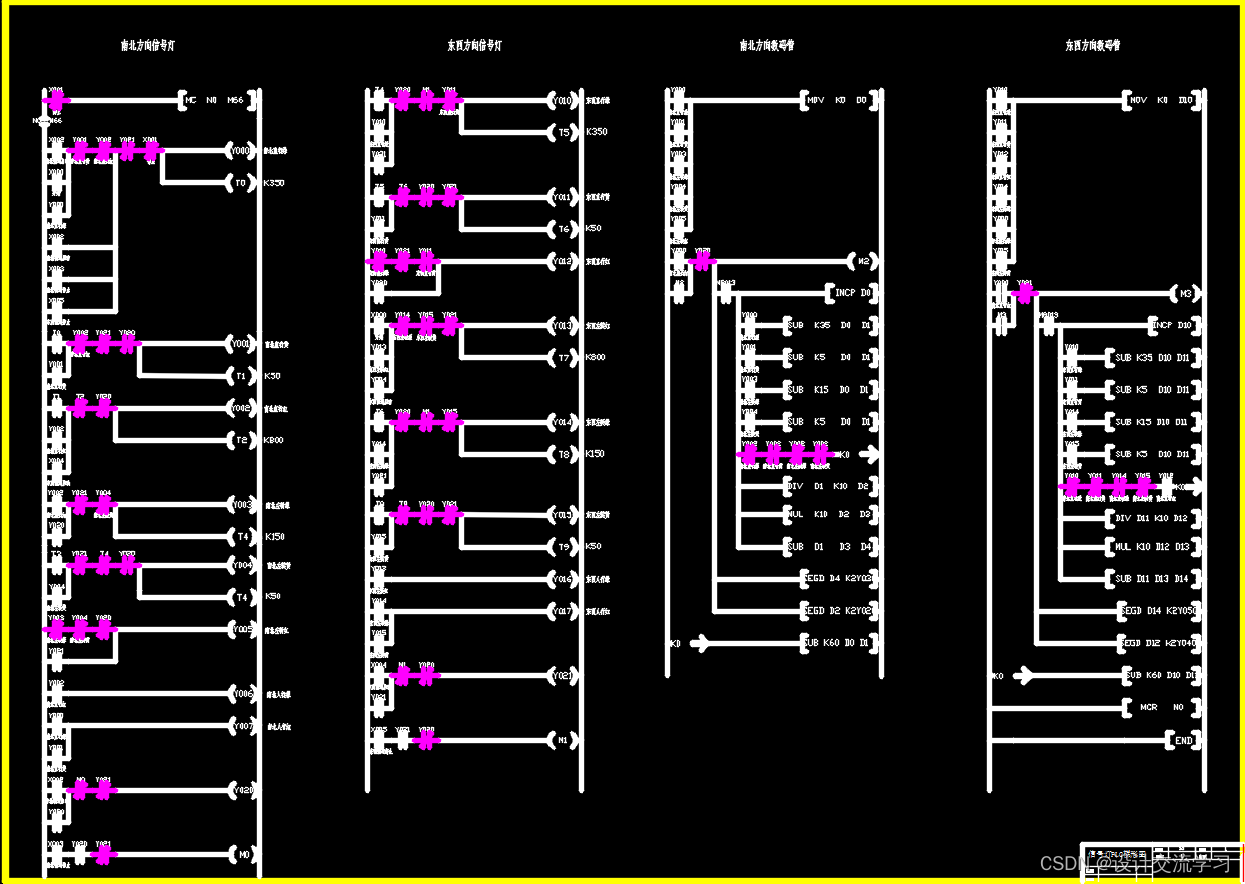 十字路口交通信号灯PLC（三菱 FX2N-128MT-001）控制系统设计【论文+CAD图纸，梯形总图A0、IO端口分配、PLC外部接线图A1、灯流程图A2、东西时序图A2、南北时序图A2 ...