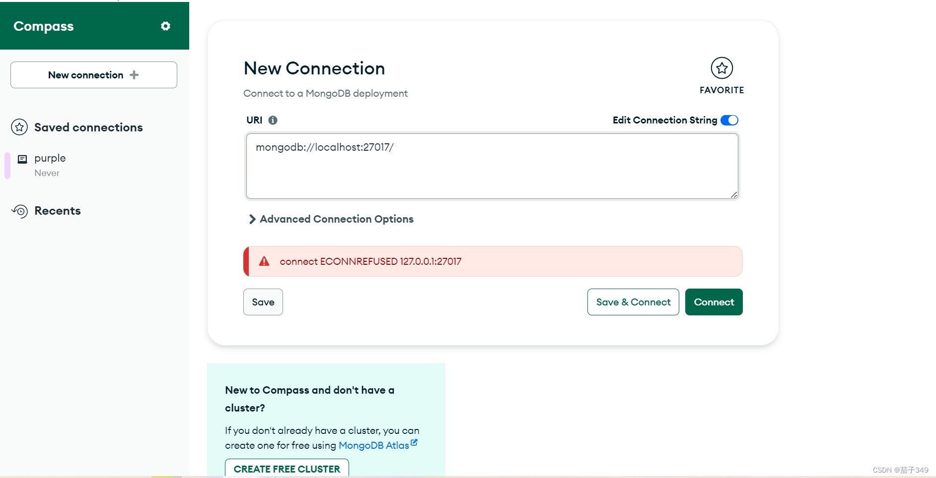 Mongodb安装出现的问题以及mongodb Compass Connect Econnrefused 1270012（windows启动mongodb Server报1067）错误