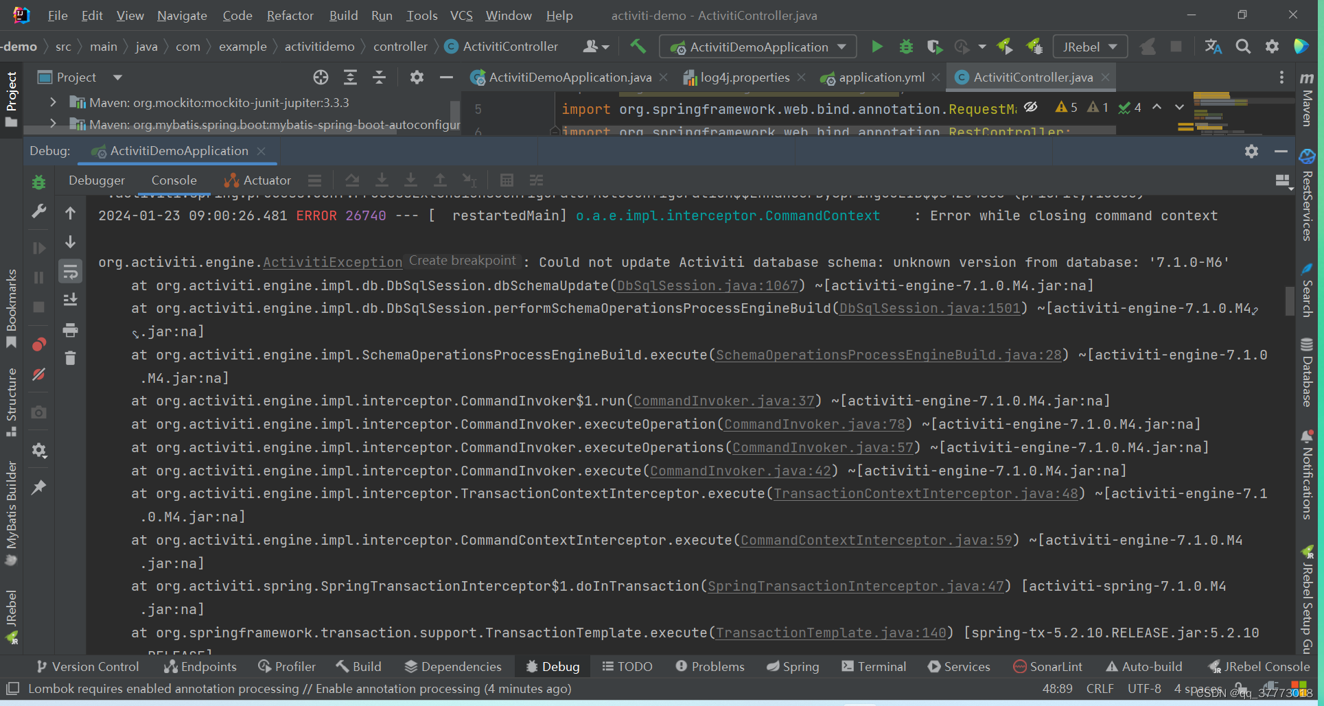 Could not update Activiti database schema: unknown version from database: ‘7.1.0-M4‘ at org ...