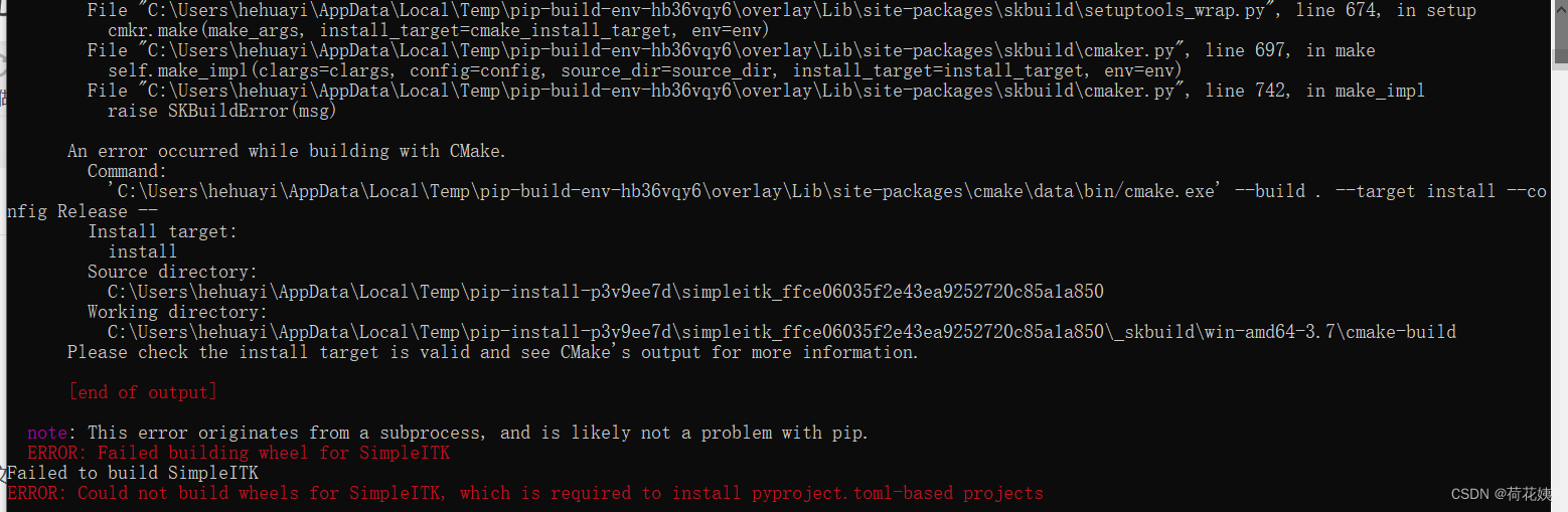 ERROR: Could not build wheels for SimpleITK, which is required to install pyproject.toml-based ...