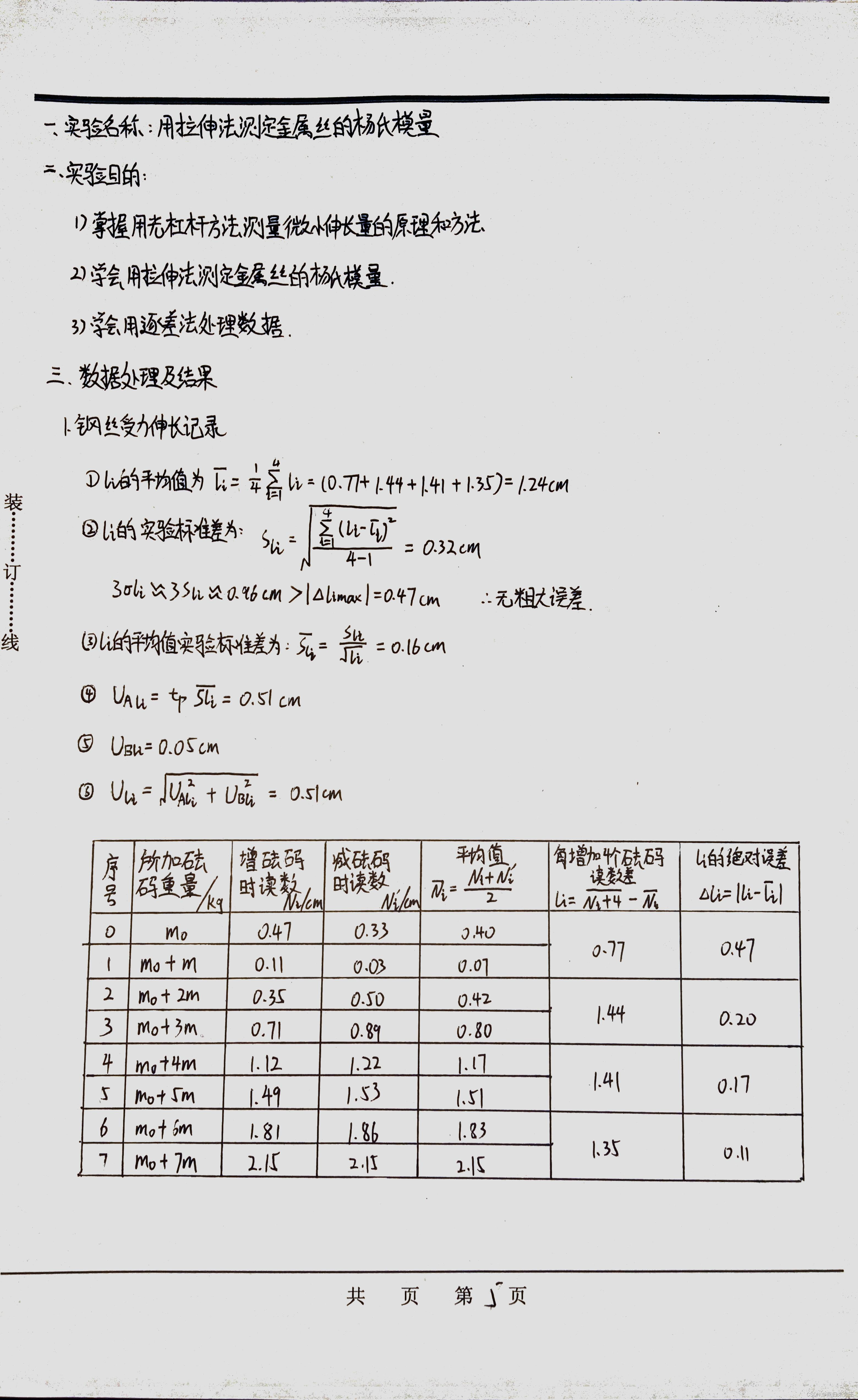 北京信息科技大学物理实验a 拉伸法测杨氏模量（图片版）北京信息科技大学用杨氏拉伸法物理实验报告 Csdn博客