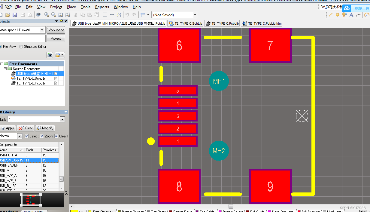 MINI MICRO A型B型D型USB type-c母座 USB 封装库Altium库 AD元件库（ PCB封装库）-CSDN博客