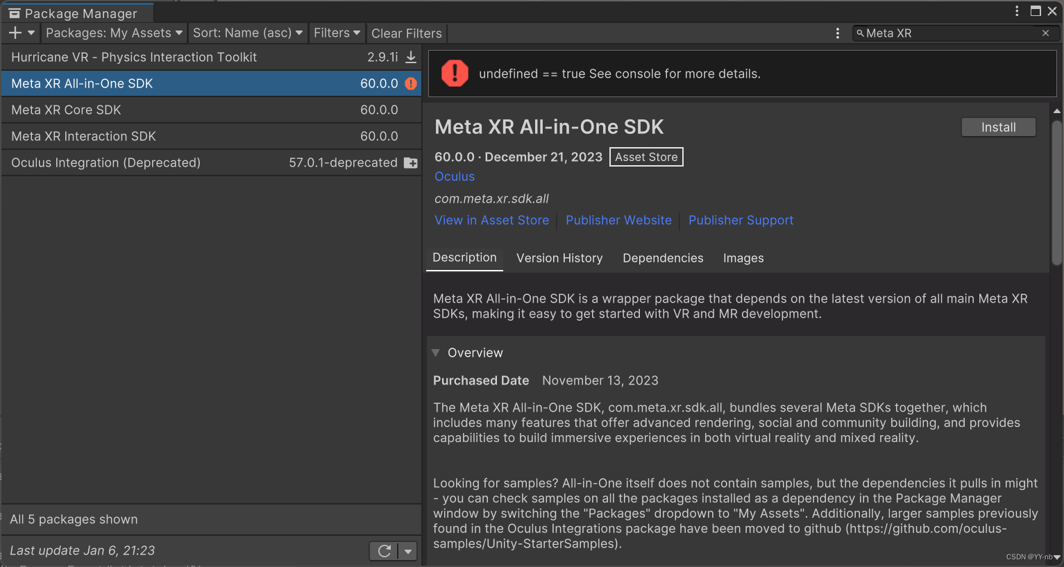 Unity 新版 Meta XR SDK 无法导入解决方法_添加包时出错:com.meta.xr.sdk.all@62.0.0 ...