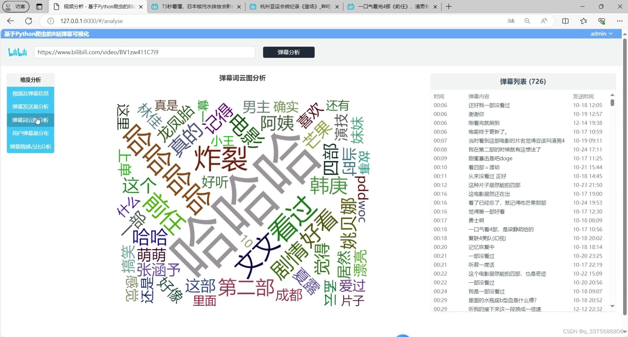基于python哔哩哔哩弹幕数据分析可视化系统 B站 Bilibili 弹幕 Django框架 大数据毕业设计(源码) Bilibili弹幕爬取与可视化分析 Csdn博客