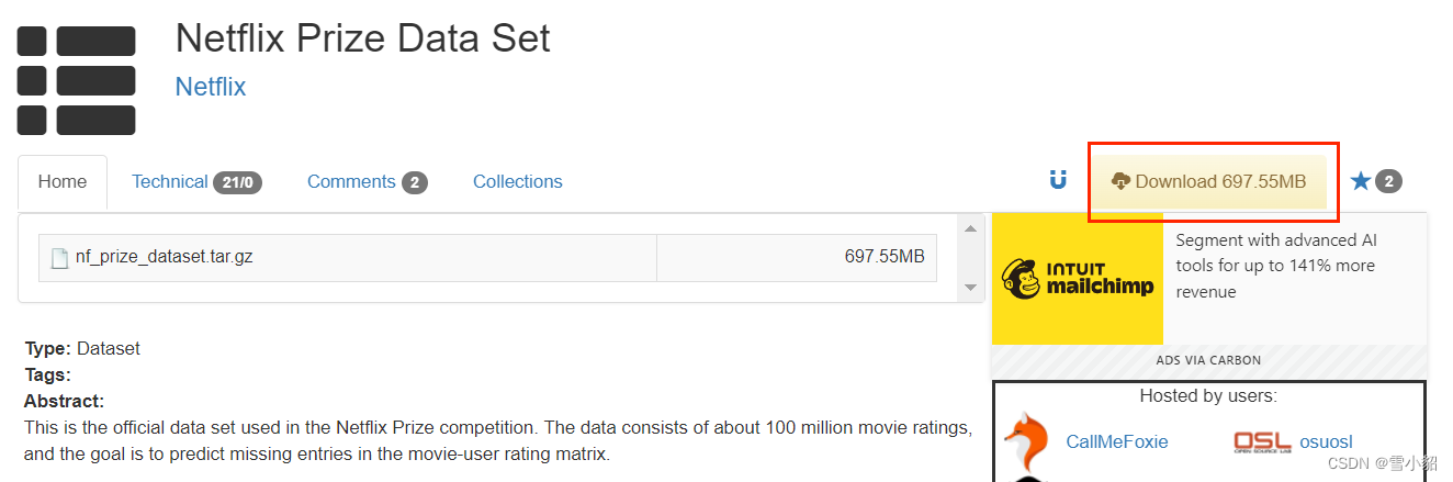 如何下载 Netflix Prize 数据集_netflix数据集-CSDN博客